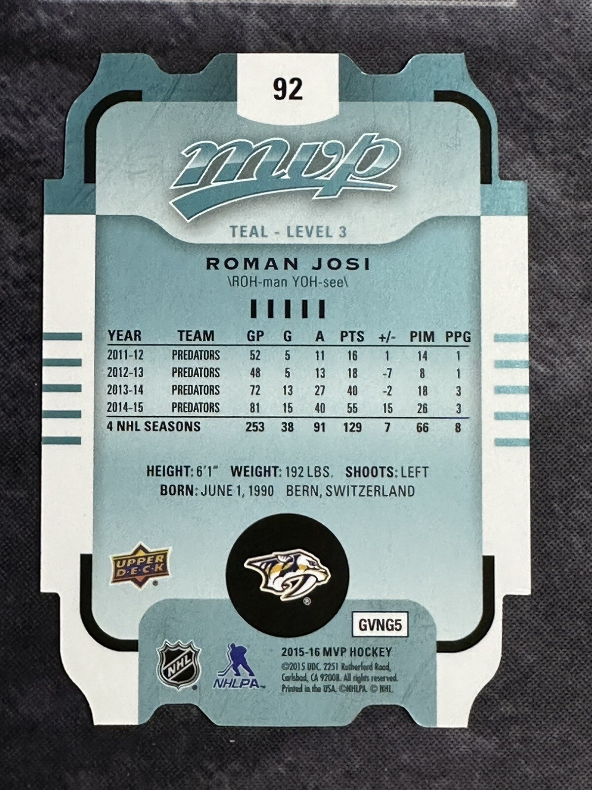 2015-16 Upper Deck MVP Colors & Contours Teal 92 Roman Josi Nashville ...