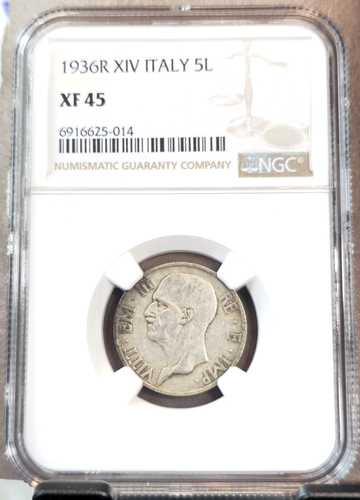 1936 ITALY SILVER 5 LIRE VICTOR EMMANUEL III NGC XF 45 SCARCE GREAT ...