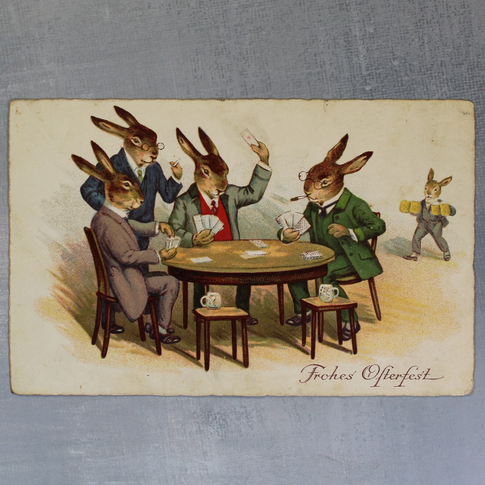 EASTER Rabbit Bunny Playing Cards Round Table Gambling Antique postcard ...