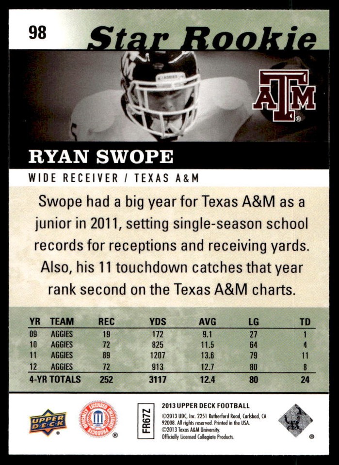 2013 Upper Deck 98 Ryan Swope Texas A&M Aggies SR Football Card | eBay