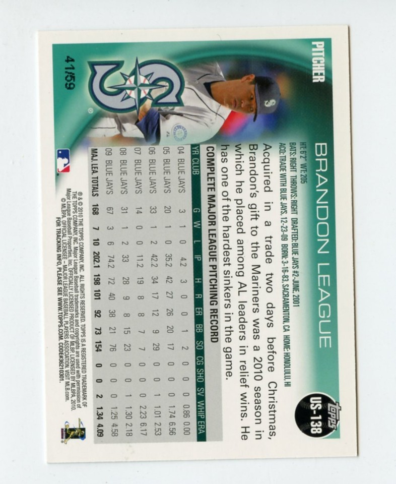 A552 BRANDON LEAGUE 2010 TOPPS UPDATE BLACK 41/59 US-38 MARINERS RARE ...