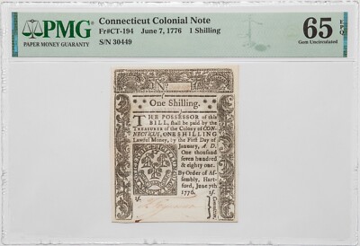 Fr. CT-194, June 7, 1776, 1 Shilling Connecticut Colonial Currency, PMG ...