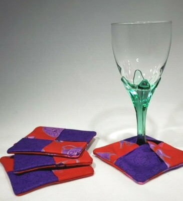 Set of 4 Handmade Quilted COASTERS 4" Red Purple 4 Patch Red Hat ...