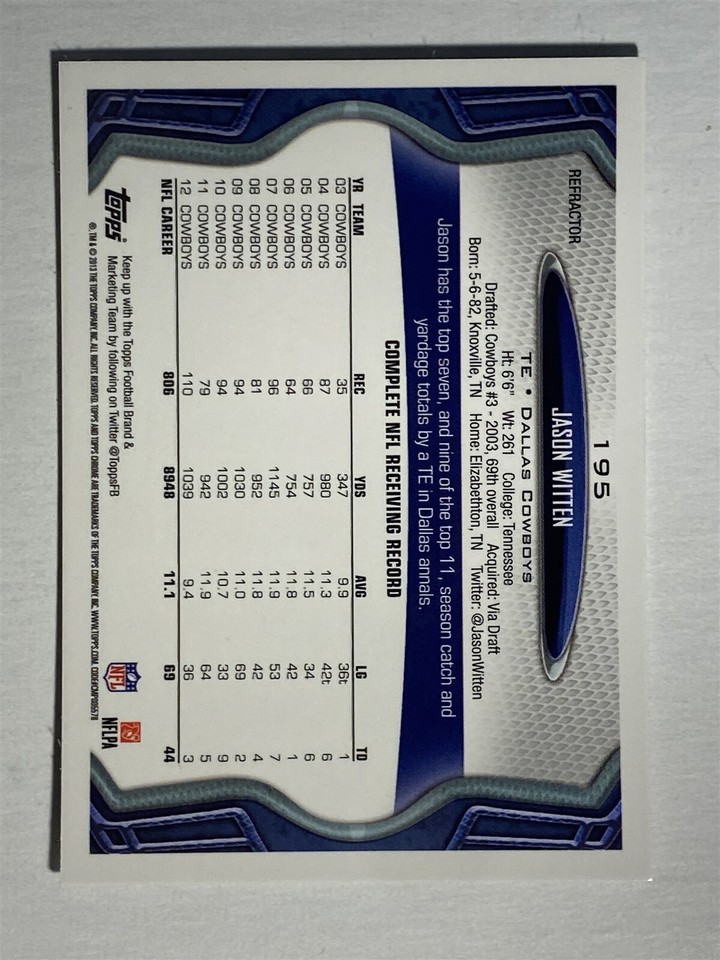 JASON WITTEN cowboys 2013 Topps Chrome #195 Refractor (F2) | eBay
