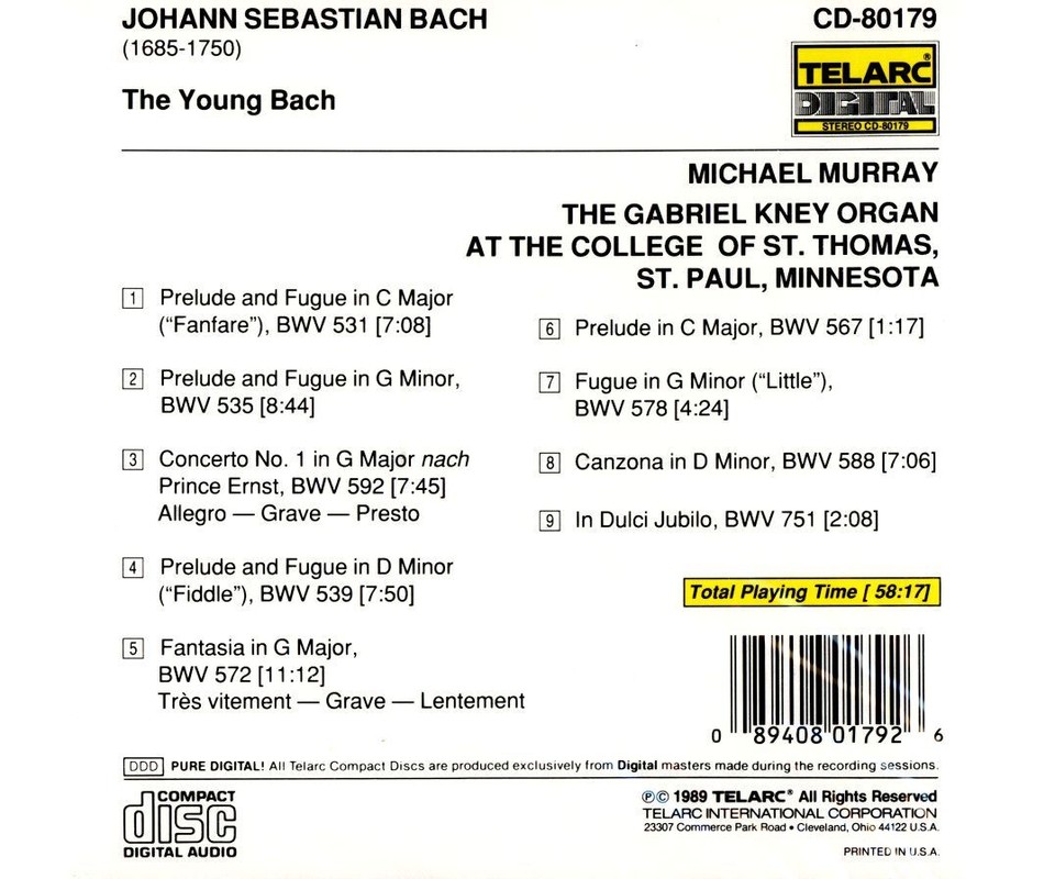 The Young Bach - Michael Murray, organ (CD, 1989, Telarc) | eBay