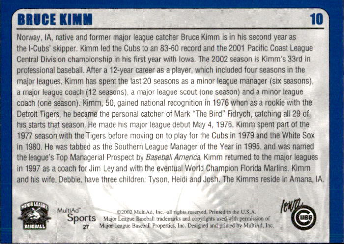 2002 Iowa Cubs Multi-Ad #27 Bruce Kimm Manager Amana Iowa IA Baseball ...