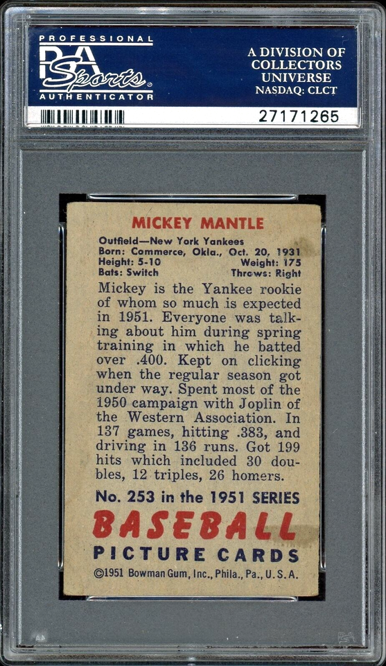 1951 Bowman Mickey Mantle Yankees Rookie Card #253 RC HOF - PSA 3 (VG ...