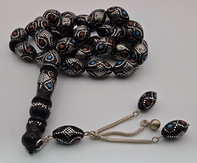Luxurious Yusr Prayer Beads inlaid with Silver, Turquoise, Red Coral ...