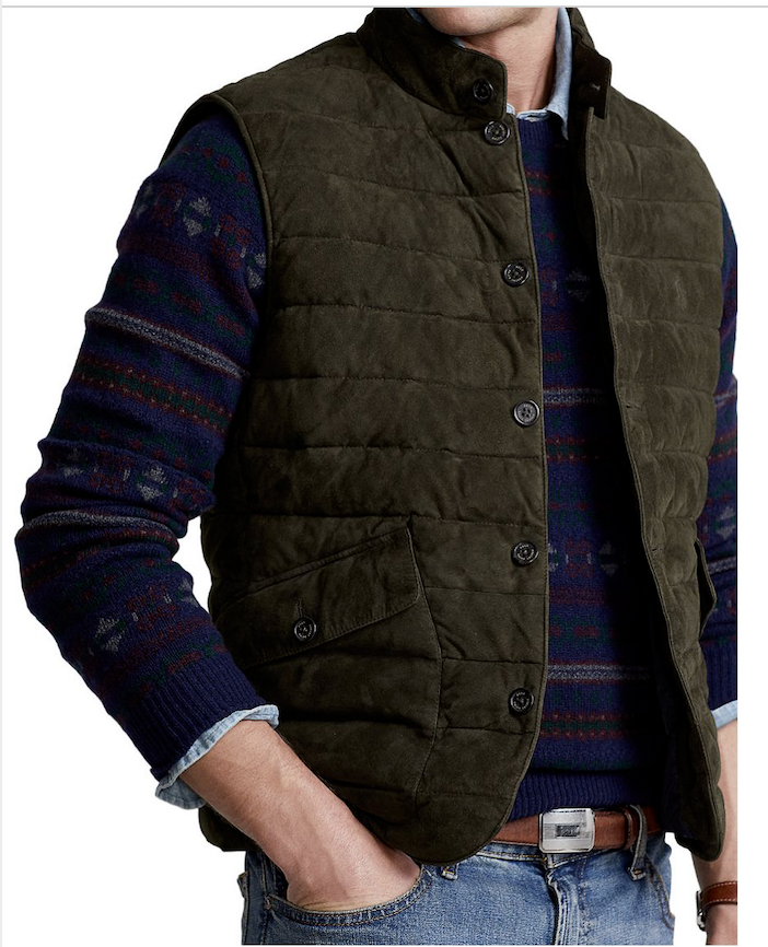 Polo Ralph Lauren Mens quilted suede vest embroidered Pony Dark Loden ...