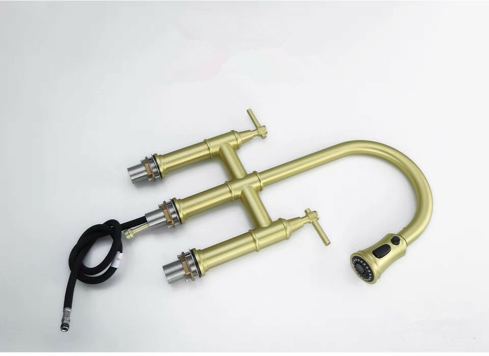 Brushed Gold Swivel Mixer Tap Brass Kitchen Pull Out Bridge Faucet 2 ...