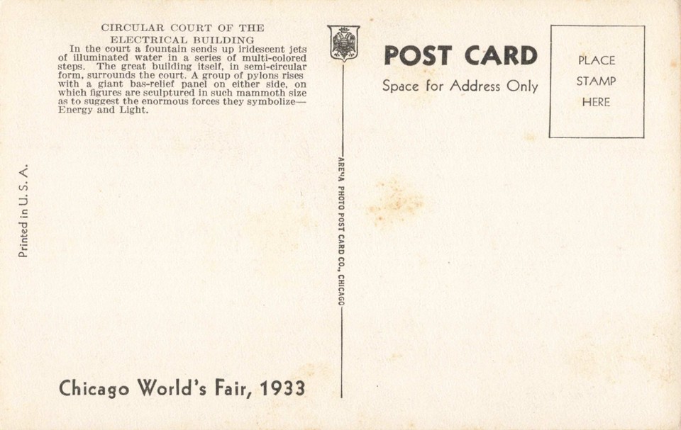 Chicago IL World's Fair 1933 Circular Court of the Electrical Bldg Vtg ...