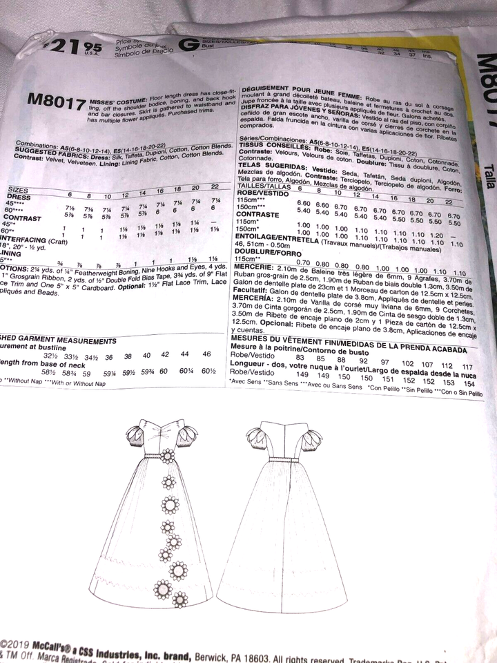 MCCALLS PATTERN M8017 OUTLANDER DRESS COSTUME MISSES SIZES 6 8 10 12 14 ...