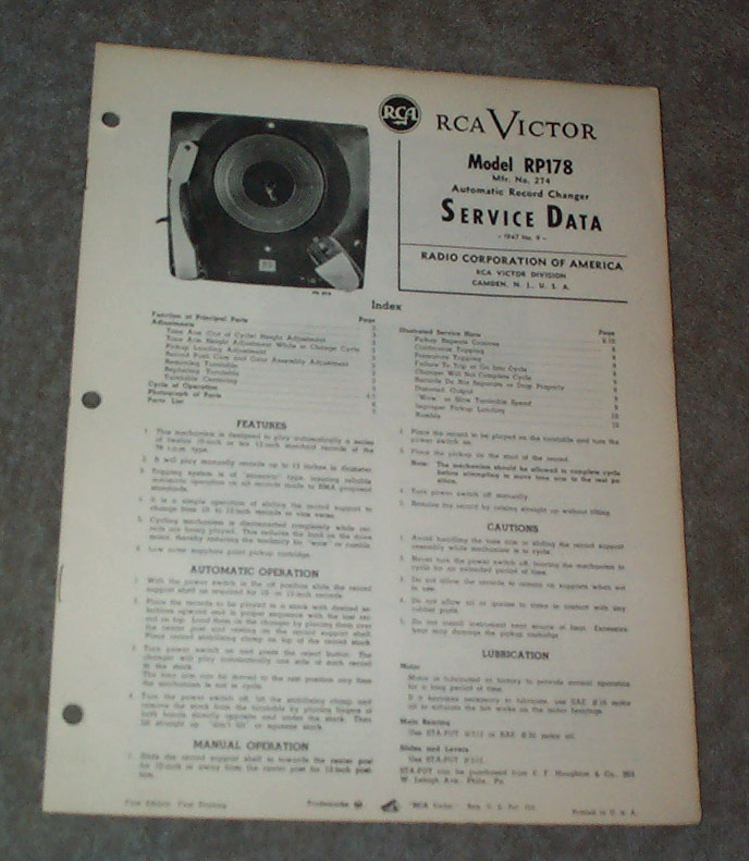 RCA Original Service Data Manual 1947,No.9 1st Ed,Automatic Record ...