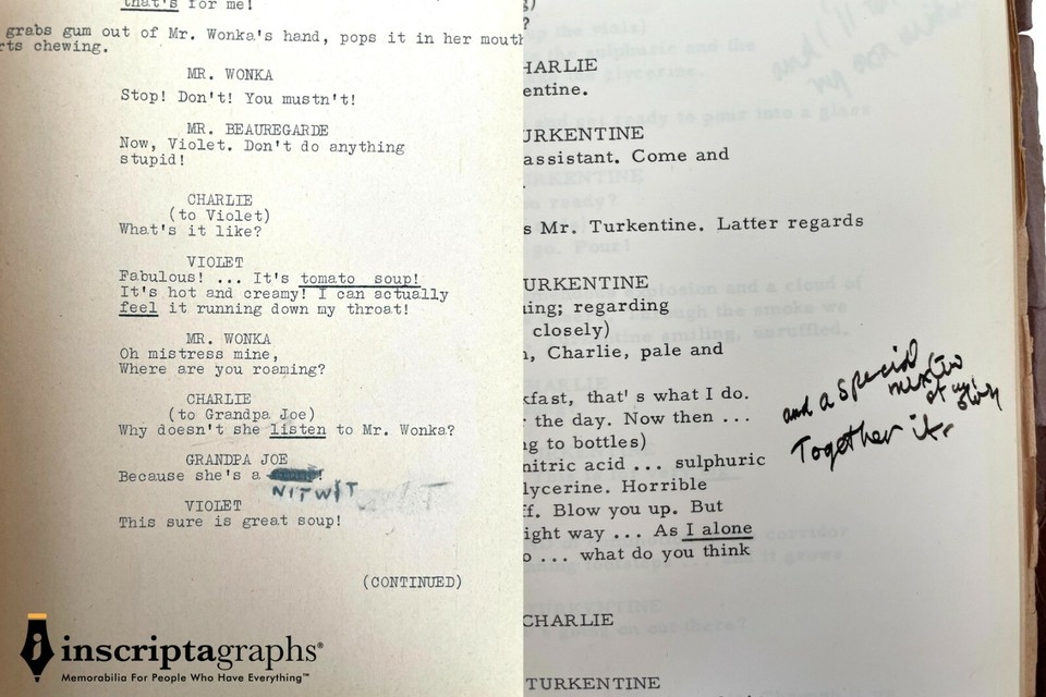 Paris Themmen's 1971 Willy Wonka Actual Movie Used Script for Mike TV ...