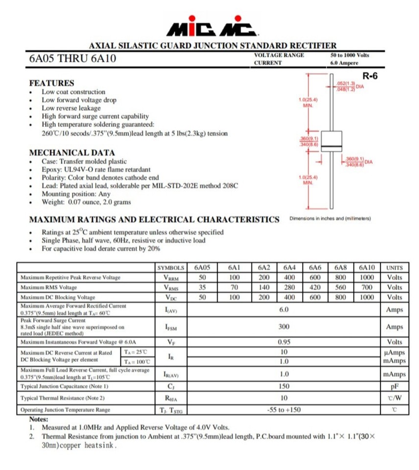 500 pieces 6A10-R6 (6A) 1000v (1KV) Axial Rectifier Diode solar panel ...