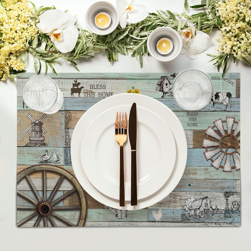 Farmhouse Animal Farm Placemats Set of 4 Retro Rustic Barn Teal Green ...