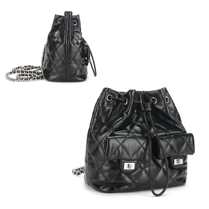Small Mini Quilted Real Leather Drawstring Bucket Backpack Chains Purse ...