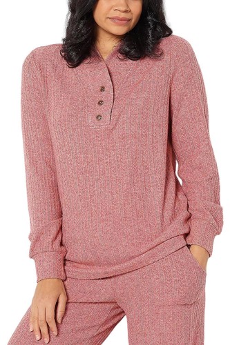 AnyBody Brushed Sweater Rib Button Up Top Rio Red | eBay