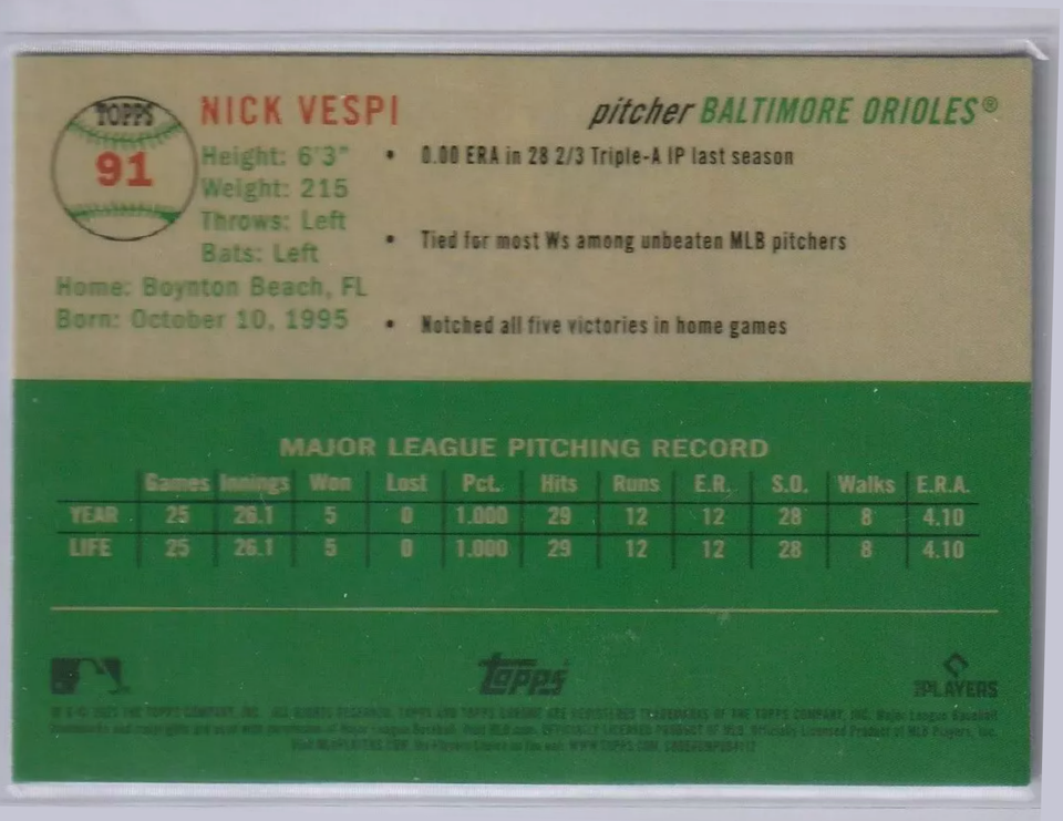 2023 Topps Chrome Platinum Anniversary #91 Nick Vespi X-Fractor Orioles ...