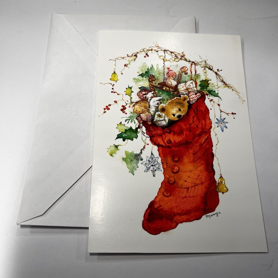 Vintage Mary Hamilton Teddy Bear Stocking Angel Christmas Card Hallmark ...