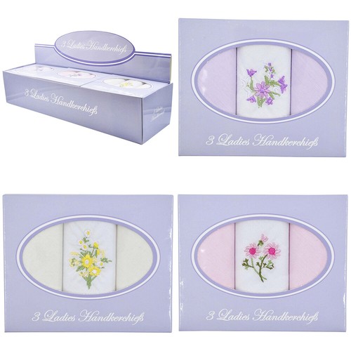 LADIES WOMENS PLAIN COTTON 3 PACK HANDKERCHIEFS HANKIES BOXED BOX ...