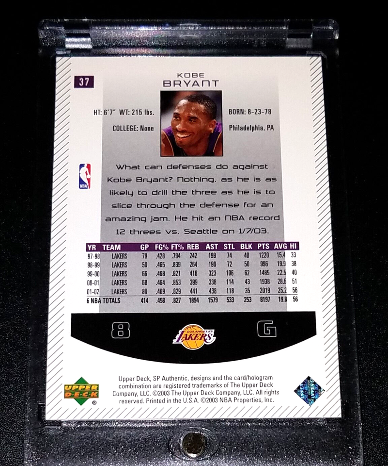 KOBE BRYANT SP AUTHENTIC 2002 with NEW CASE BASKETBALL CARD LAKERS HOF ...