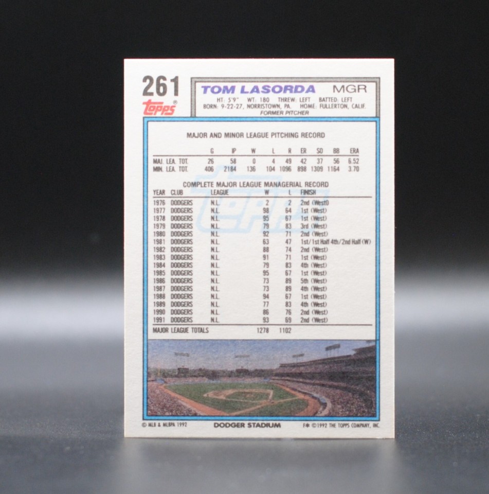 1992 Topps TOM LASORDA Manager Card #261 Los Angeles Dodgers | eBay