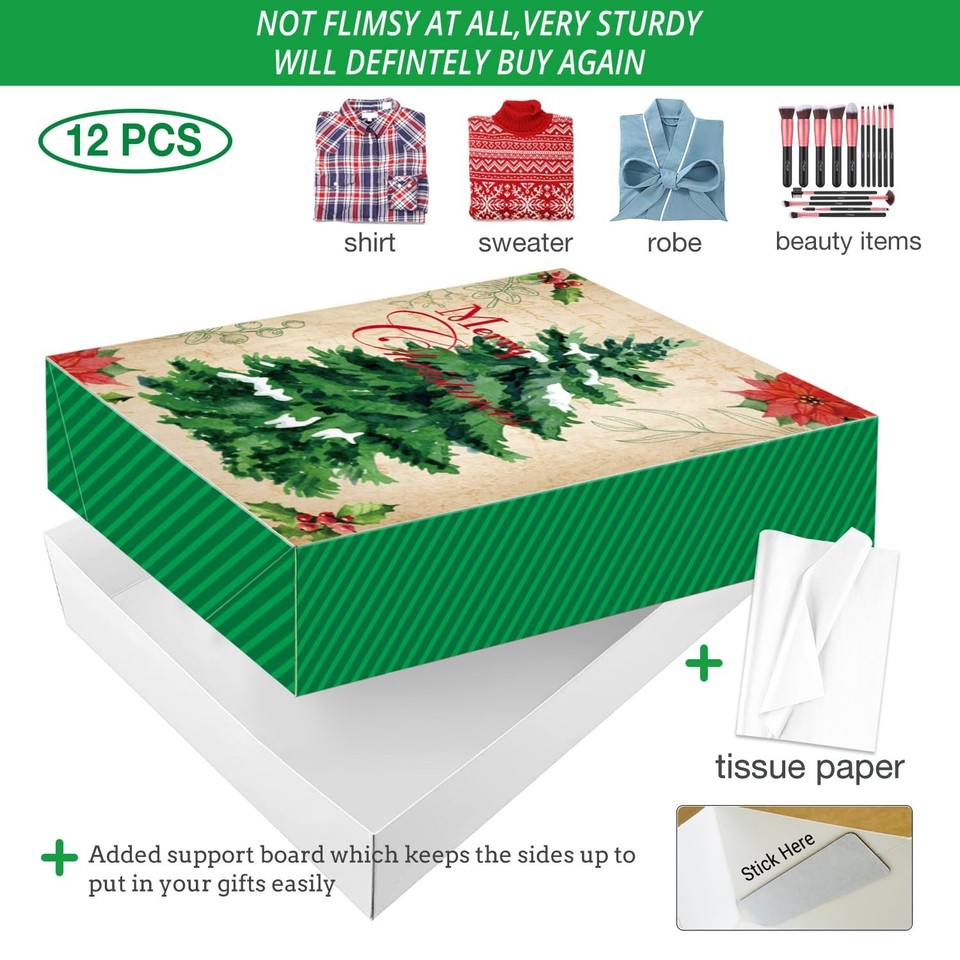 12 Large Christmas Gift Wrap Boxes Bulk with Lids, 12 Tissue paper and ...
