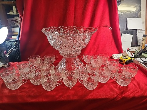 Vintage Large Cut Glass Punch Bowl, Stand, Ladle, & 23 Cups. Beautiful ...