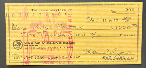 1974 RUSS PATTON SIGNED CHECK NEW YORK FOOTBALL GIANTS LINEBACKERS CLUB ...