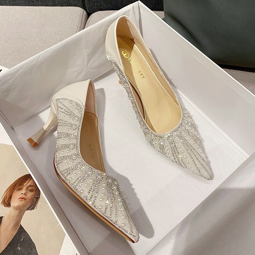 High Heel Single Shoes Women's Fashion Rhinestone Shoes Pointed Toe OL ...