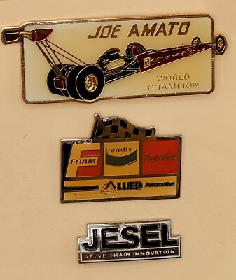 Lot 3 1980s Pins JOE AMATO World Champ, ALLIED Fram Bendix, JESEL Valve ...