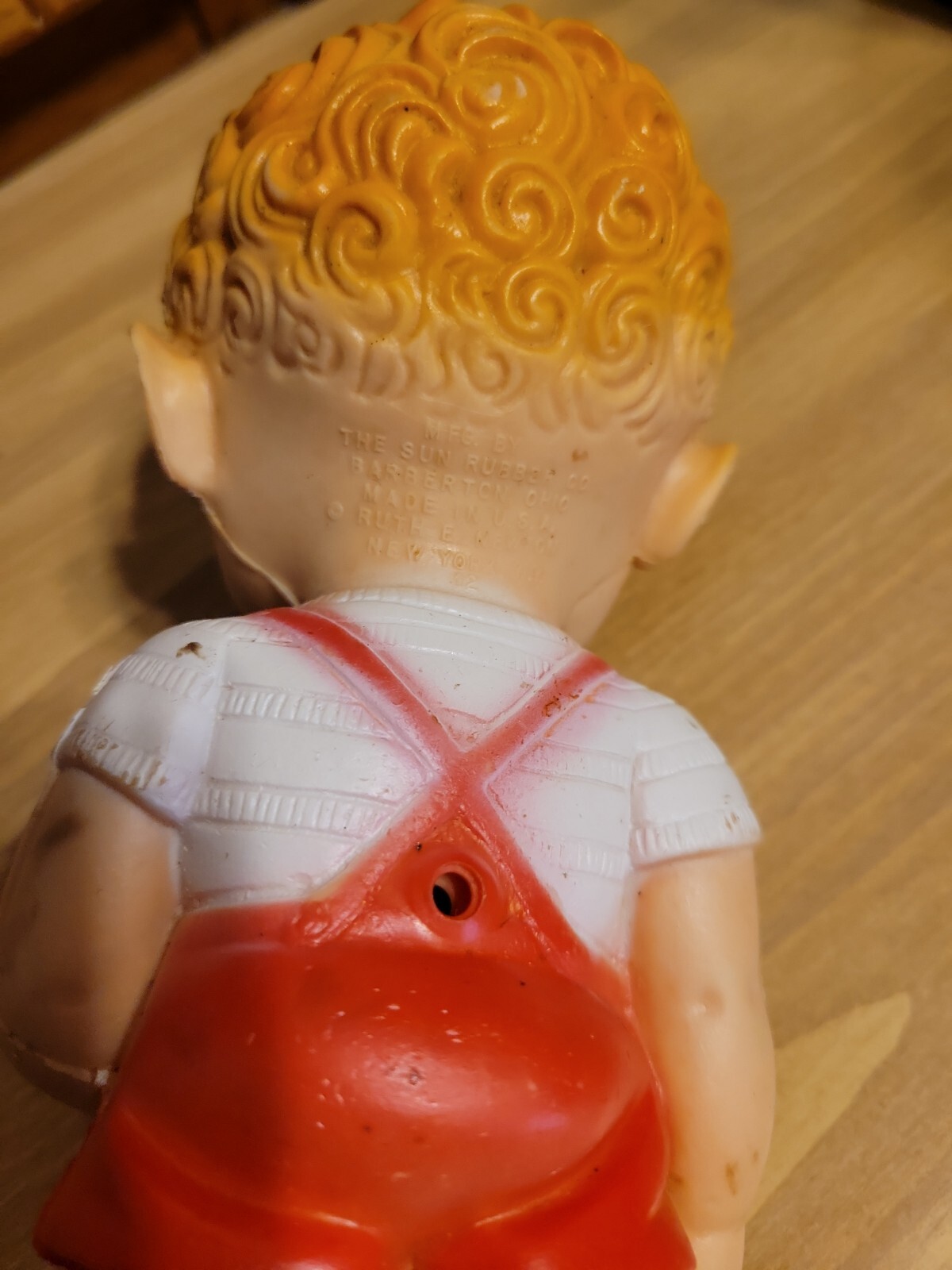 Vintage Ruth E. Newton Sun Rubber Squeaking Boy Doll Red Clothes 8" w ...