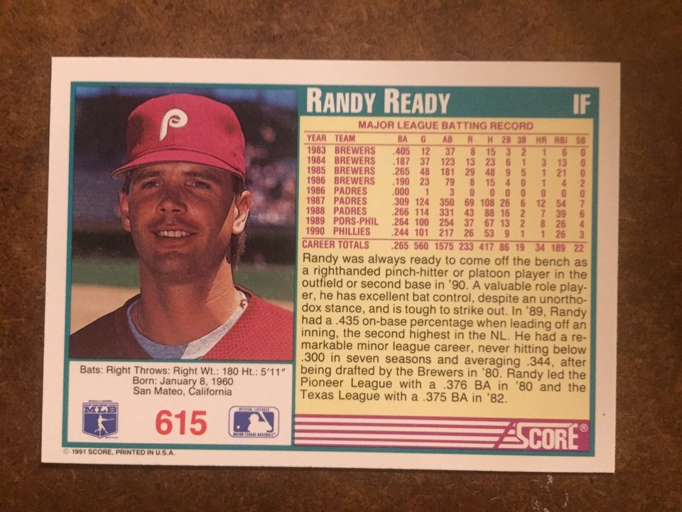 Randy Ready 615 Score 1991 MLB Baseball Trading Card | eBay