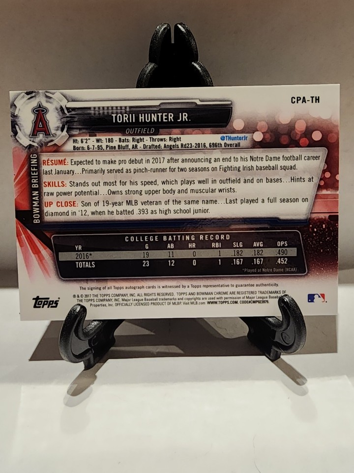 2017 Bowman Chrome Torii Hunter Jr 1st Prospect Autograph Auto #CPA-TH ...