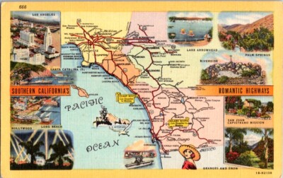 Postcard Southern CA California Highway Map Los Angeles to San Diego A ...
