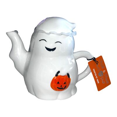 Trick & Treat Halloween Smiling Ghost W Pumpkin Ceramic Hand-painted ...