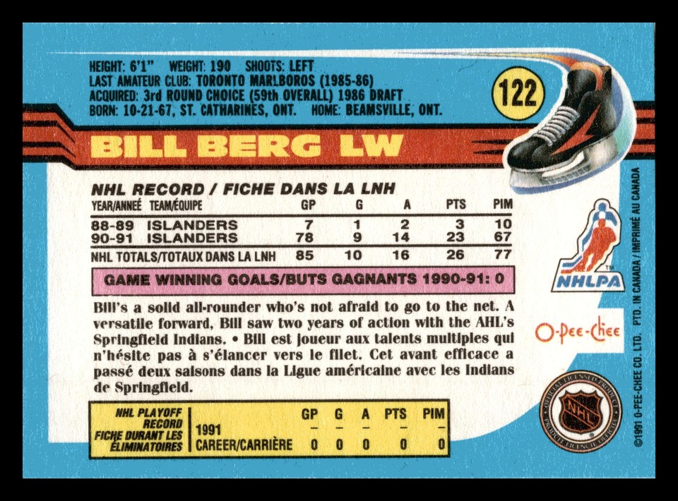 1991-92 O-Pee-Chee Bill Berg Rookie #122 New York Islanders Mint | eBay
