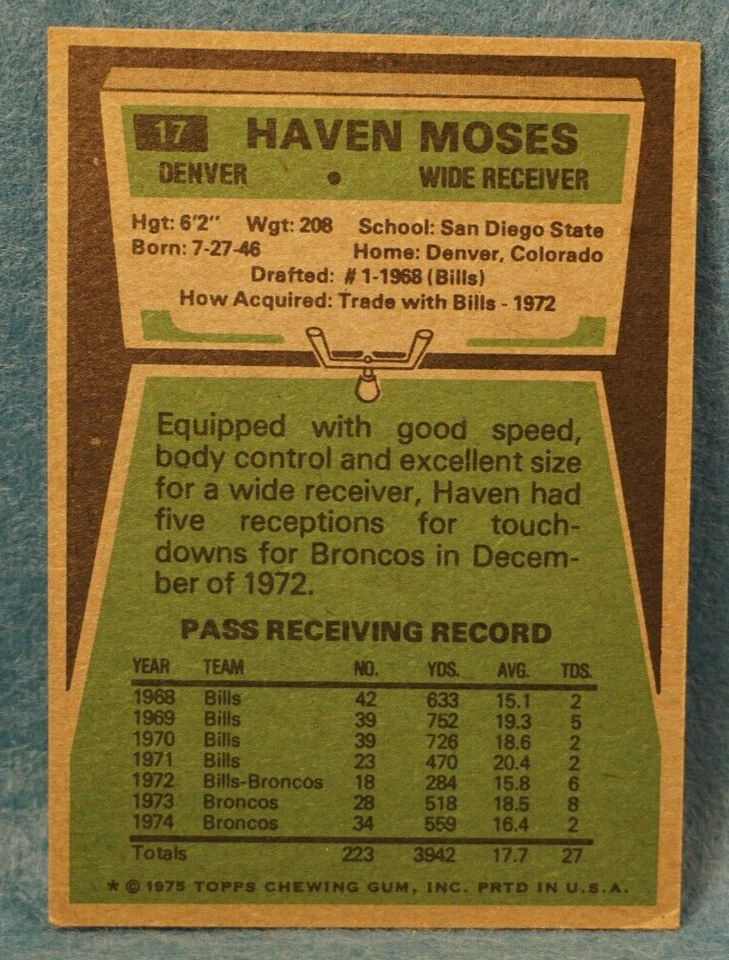 1975 Topps Football Card #17 Haven Moses | eBay