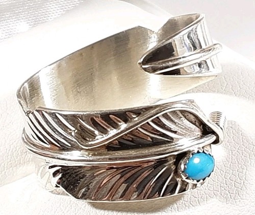 NAVAJO CHESTER CHARLEY 925 STURDY WRAP FEATHER TURQUOISE SIZE 10.5 RING ...