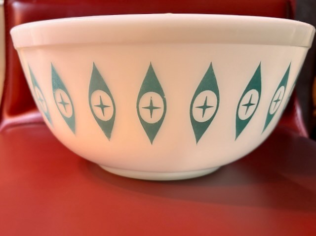 Vtg Atomic Eyes Pyrex Mixing Bowl MCM 1950s Unmarked White & Turquoise ...