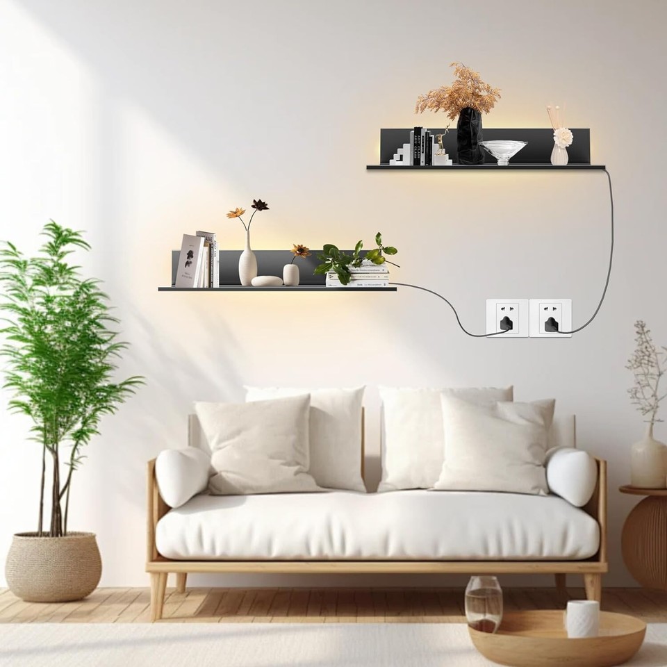 Floating Display Shelf w/ LED Light and Transformer, Black Metal Shelf ...