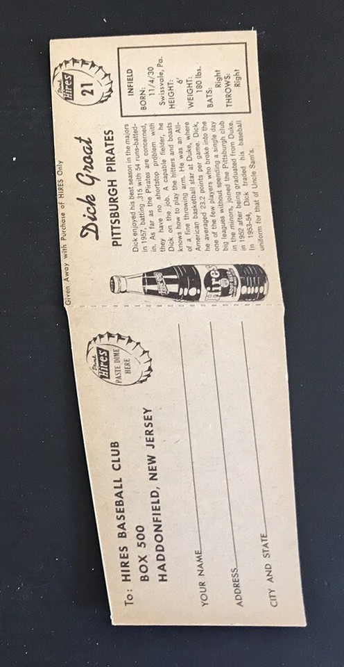 1958 Hires Root Beer #21 w/tab, Dick Groat, Pittsburgh Pirates, NM | eBay