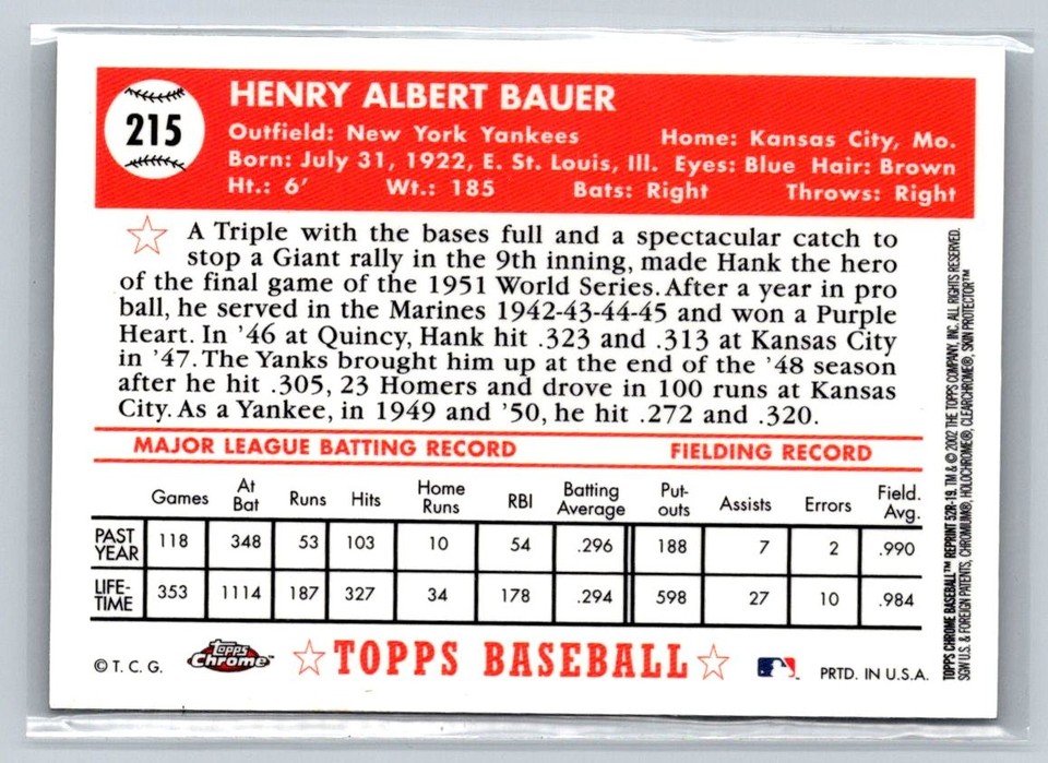 2002 Topps Chrome #215 Henry Bauer 1952 World Series 50th Anniversary ...