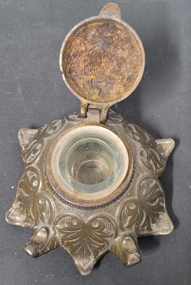 Antique 1880s Gothic Victorian Embossed Cast Iron Inkwell with Glass ...