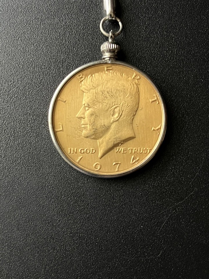 1974 J.F. KENNEDY GOLD PLATED HALF DOLLAR COIN w/SILVER COLORED BEZEL ...