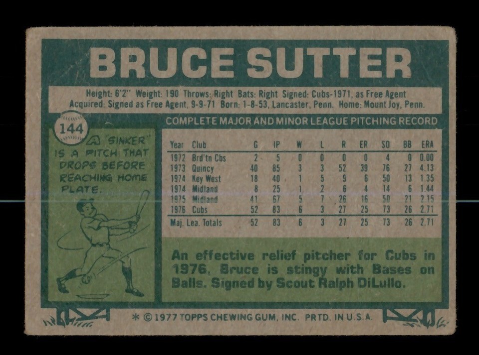 1977 TOPPS #144 BRUCE SUTTER ROOKIE RC CHICAGO CUBS (LOW GRADE) | eBay