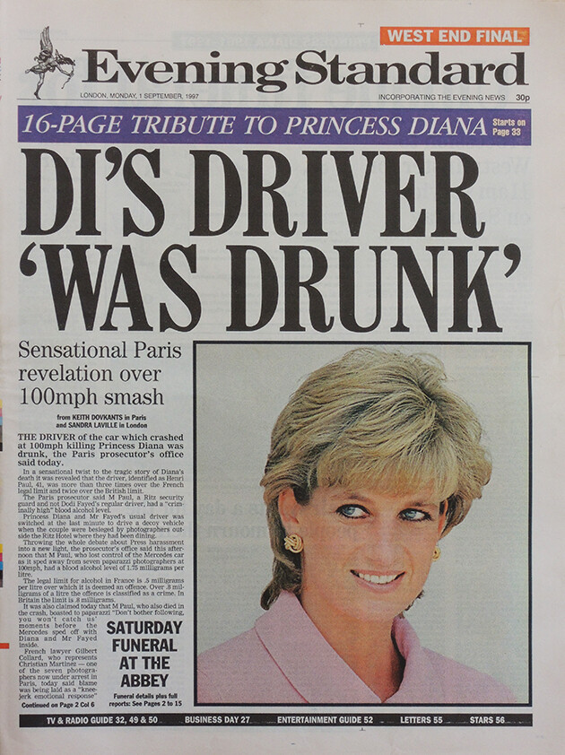 LONDON EVENING STANDARD NEWSPAPER 1 SEPT 1997 PRINCESS DIANA DRIVER WAS ...