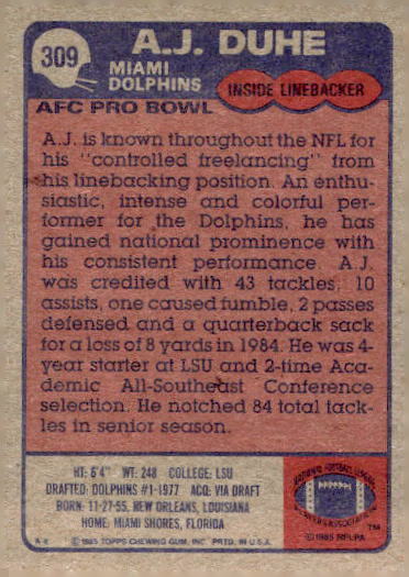 1985 Topps Football A.J. Duhe #309 | eBay