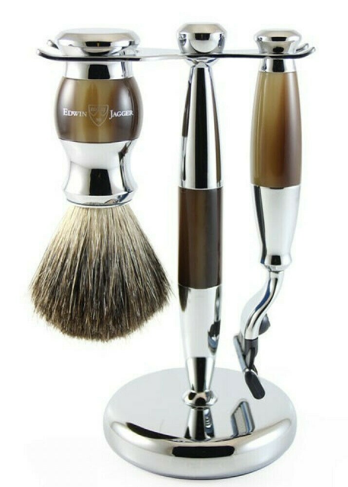 Edwin Jagger Three Pieces Triple Blade Razor Chromed Shaving Set - Horn ...